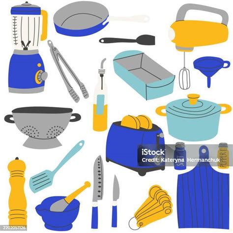 주방 도구 세트입니다 칼 숟가락 토스터 믹서기 강판 롤링 핀 도마 수저가 있는 주방 용품 컬렉션 조리 기구 및 액세서리 컬렉션 가정 생활에 대한 스톡 벡터 아트 및 기타