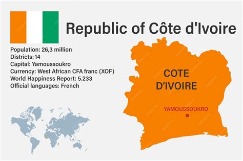 Premium Vector | Highly detailed Cote d'Ivoire map with flag capital and small map of the world