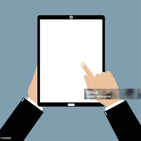 비즈니스 맨 손 포인트 태블릿 스마트폰 들고 고 텅 빈 스크린을 만지고 벡터 일러스트 레이 션 평면 디자인 비즈니스 기술 개념입니다 가리키기에 대한 스톡 벡터 아트 및 기타