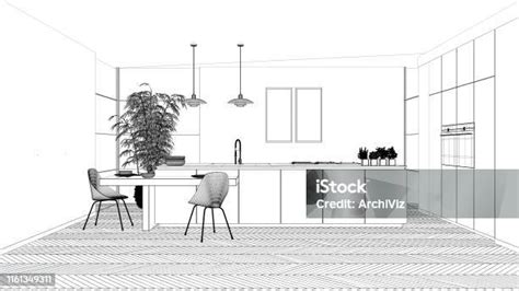 청사진 프로젝트 초안 현대 깨끗한 현대 부엌 의자 대나무와 화분 창과 마루 바닥 인테리어 디자인 개념 아이디어와 섬과 나무 식탁 가구에 대한 스톡 사진 및 기타 이미지