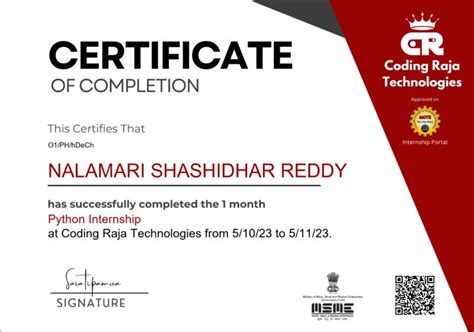 Completed Python Internship With Coding Raja Technologies Nalamari