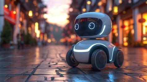Autonomous Robot Navigating A Cobblestone Street At Dusk Premium Ai