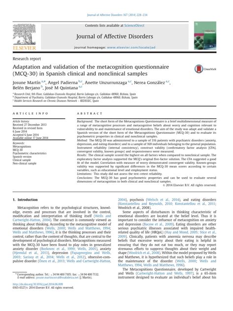 Adaptation And Validation Of The Metacognition Questionnaire Mcq 30 In Spanish Clinical And