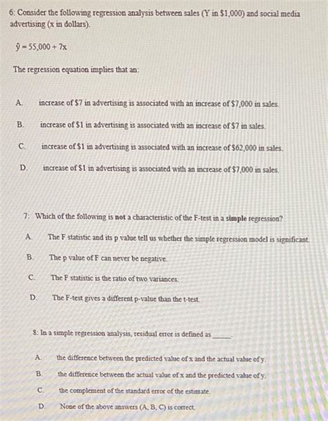 Solved 6 Consider The Following Regression Analysis Between