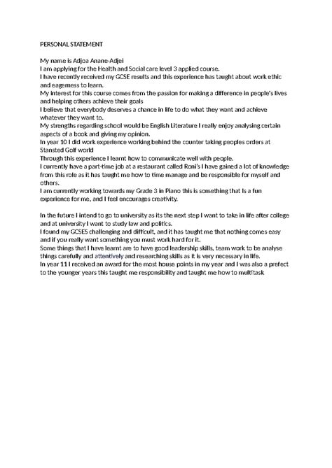 Personal Statement Assignments Personal Statement My Name Is Adjoa
