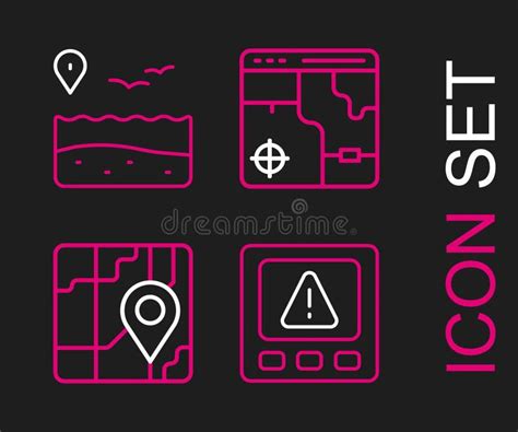 Set Line Gps Device Error City Map Navigation Infographic Of City And Location With Beach Icon