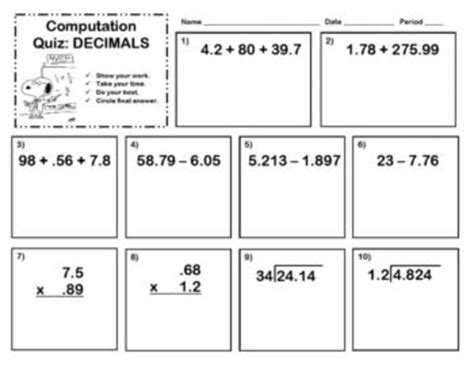 Digital Math Adding Subtracting Multiplying Dividing Decimals Quiz Answer Key