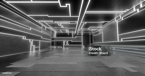 3d 렌더링 미래 공상 과학 실험실 또는 네온 빛 우주선 복도 0명에 대한 스톡 사진 및 기타 이미지 0명 Led 조명 개념 Istock