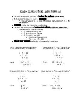 NOTES Solving One Step Equations Using Inverse Operations TPT