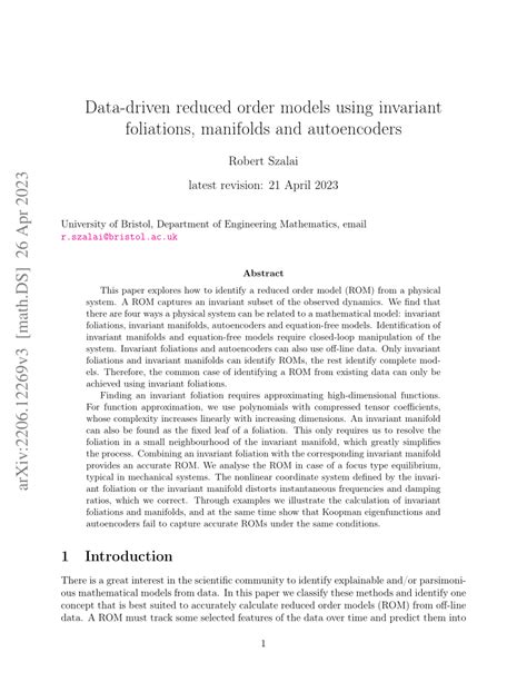 PDF Data Driven Reduced Order Models Using Invariant Foliations Manifolds And Autoencoders