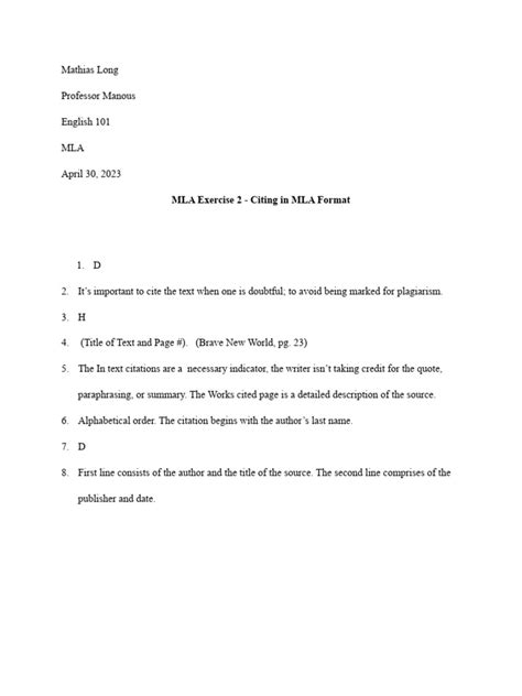 Mla Exercise Pdf