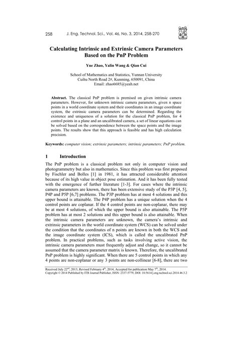 Pdf Calculating Intrinsic And Extrinsic Camera Parameters Based On