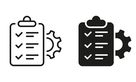 체크리스트와 톱니바퀴 관리계획 및 라인 아이콘 세트 기어 클립 보드 연필 프로젝트 설정 체크리스트 기호 컬렉션 문서 서명을 제어합니다 격리된 벡터 그림 벡터에 대한 스톡