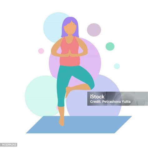 하얀 통통한 또는 임신 한 소녀가 요가를 연습하고 나무 포즈에 서 있습니다 International Yoga Day에 대한 스톡 벡터 아트 및 기타 이미지 Istock