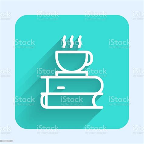 화이트 라인 커피 컵과 긴 그림자로 고립 된 책 아이콘 차 컵 뜨거운 음료 커피 녹색 정사각형 버튼입니다 벡터 일러스트레이션