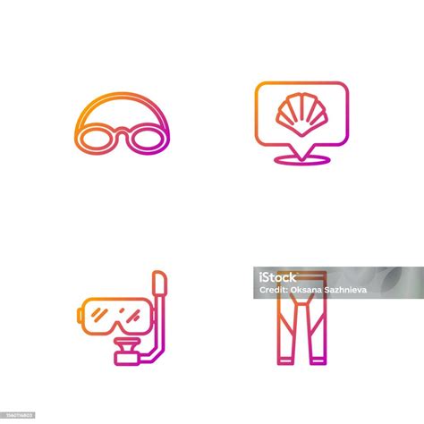 세트 라인 잠수복 다이빙 마스크 및 스노클 안경 모자 및 가리비 조개 그라데이션 색상 아이콘입니다 벡터 가리비에 대한 스톡 벡터 아트 및 기타 이미지 Istock