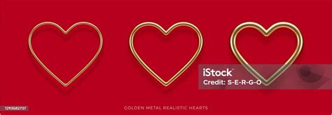 빨간색 배경에서 다른 두께와 반사 현실적인 3d 황금 금속 하트 세트 발렌타인 데이 또는 결혼식 디자인 장식 요소 기호와 기호를 사랑해요 벡터 그림입니다 3차원 형태에 대한