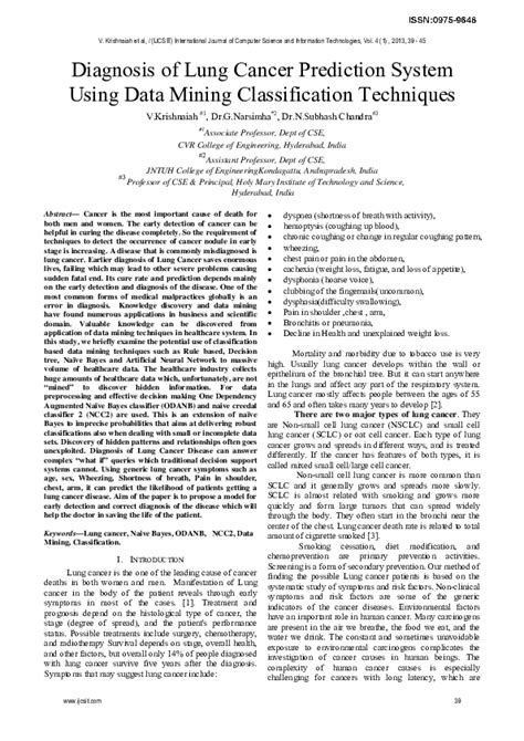 Pdf Diagnosis Of Lung Cancer Prediction System Using Data Mining Classification Techniques