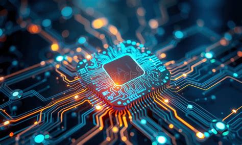 Glowing Ai Chip Processor Is Integrated Into Complex Circuit Board