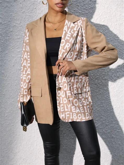 봄과 가을을 위한 캐주얼한 긴 소매 단추형 라펠 외투 편지 무늬 색상 블록 여성 의류 Temu Korea