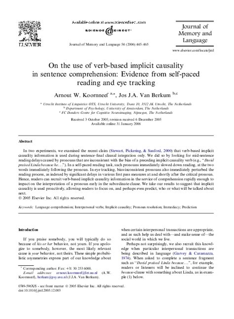 Pdf On The Use Of Verb Based Implicit Causality In Sentence