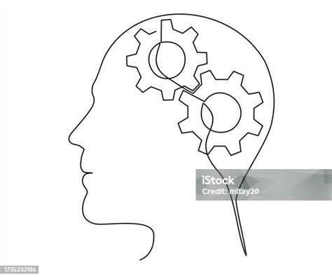 흰색 배경에 한 줄로 그려진 기어가 들어 있는 남자의 머리 한 줄 그리기 연속 라인 벡터 개념에 대한 스톡 벡터 아트 및 기타