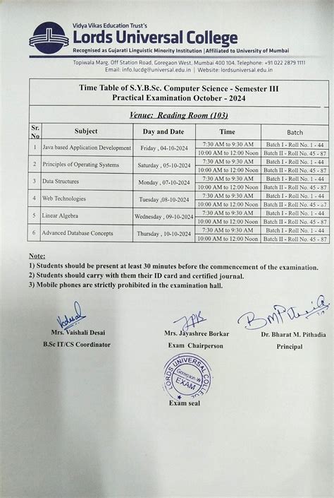 LUC_Degree - Regular Practical Sem III Exam Time-table for IT/CS Course. - LUC
