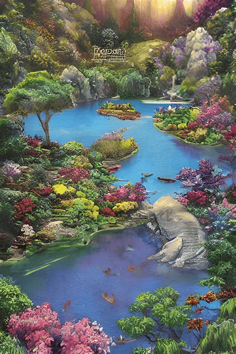 Beautiful Colored Pencil Sketch Of A Paradise Garden Golden Lake