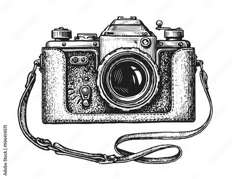 Hand Drawn Retro Camera Vintage Vector Illustration In Sketch Engraving Style Stock Vector