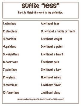 Suffix LESS Activity Match By Vanessa Crown Teachers Pay Teachers
