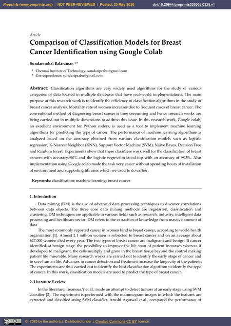 PDF Comparison Of Classification Models For Breast Cancer Identification Using Google Colab