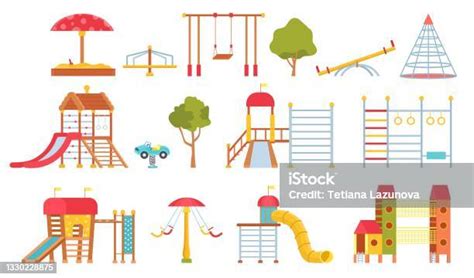 놀이터 장비 키즈 파크 슬라이드 스윙 및 게임 모듈슬라이드 벽과 모래를 등반 플랫 아웃도어 플레이 영역 벡터 세트 미끄러짐에 대한 스톡 벡터 아트 및 기타 이미지 Istock