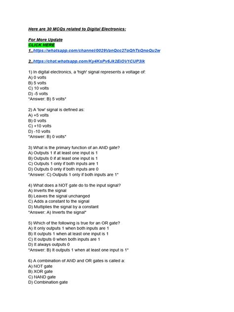 Digital Electronics 30 Mcqs With Answer Key Pdf Logic Gate Electrical Circuits
