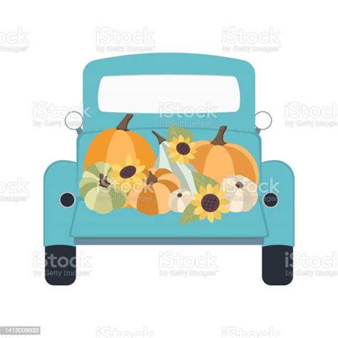 추수 축제 또는 추수 감사절을위한 가을 개념 푹신 해바라기 및 나뭇잎이있는 푸른 차 포스터 웹 배너 전단지 엽서에 대한 배경 트럭에 대한 스톡 벡터 아트 및 기타 이미지