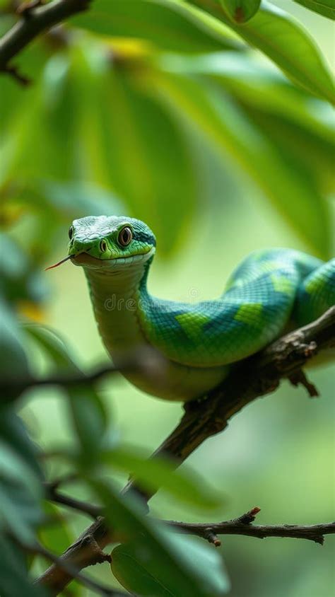 Green Tree Python Resting On A Branch Amidst Lush Foliage In A Tropical Rainforest Setting Stock