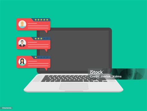 고객 검토 등급 메시지 데스크톱 Pc 디스플레이 온라인 리뷰 또는 클라이언트 평가 피드백의 평면 만화 디자인 컴퓨터 등급 별