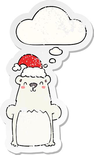 고민 된 낡은 스티커로 생각 거품과 크리스마스 모자를 쓴 만화 곰 곰에 대한 스톡 벡터 아트 및 기타 이미지 곰 귀여운 그런지 이미지 기법 Istock