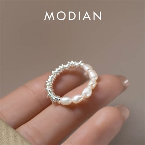 Modian 925 스털링 실버 정교한 바로크 진주 크기 조절 가능 6 9 손가락 반지 여성을 위한 멋진 기하학적 패션