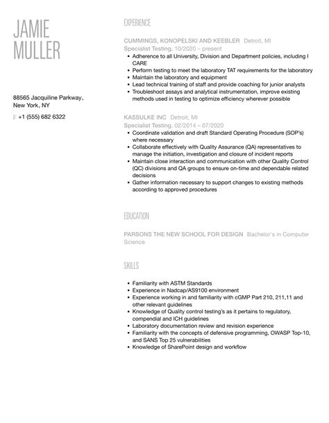 Specialist Testing Resume Samples Velvet Jobs