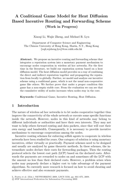 Pdf A Coalitional Game Model For Heat Diffusion Based Incentive Routing And Forwarding Scheme