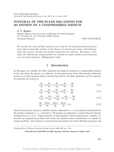 Integral Of The Euler Equations For D Motion Of A Compressible Medium