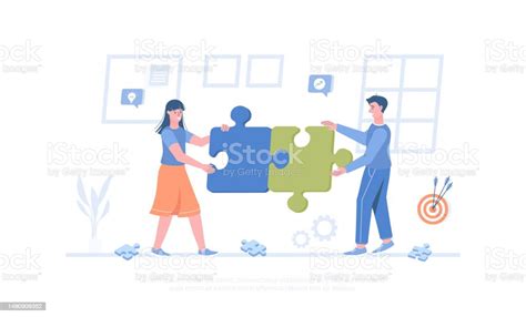 파트너십 팀워크 브레인스토밍 회의 개념입니다 퍼즐 조각을 연결하는 비즈니스 팀 배너 웹사이트 디자인 랜딩 페이지를 위한 만화