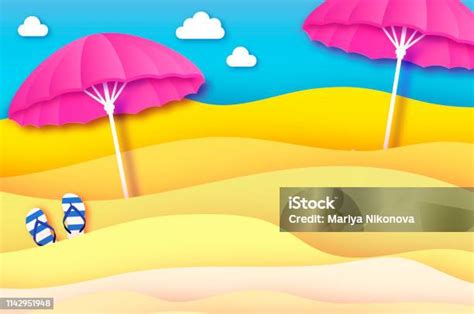 페이퍼 컷 스타일의 핑크 파라솔 여름 장비와 종이 접기 모래 해변 비치 레스트 휴가 및 여행 개념입니다 텍스트에 대 한 공간입니다 0명에 대한 스톡 벡터 아트 및 기타