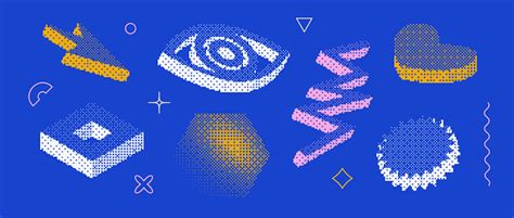비트맵 픽셀화된 도형 집합입니다 하프톤 기하학적 개체 컬렉션을 디더링합니다 눈 화살표 지그재그 심장 육각형 배너 포스터 전단지에