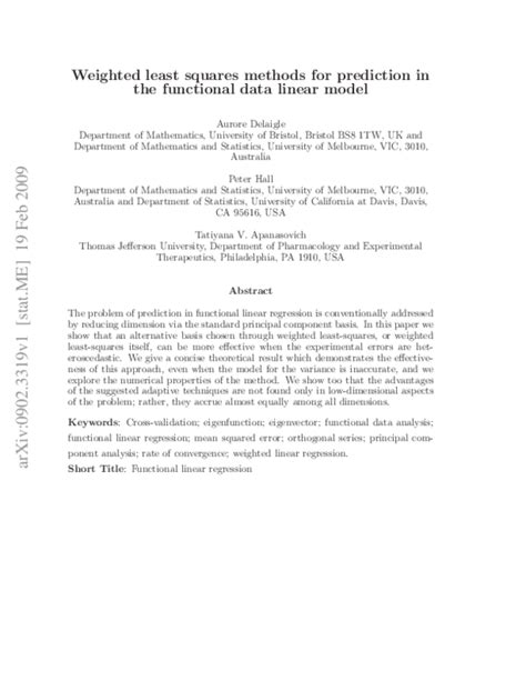 Pdf Weighted Least Squares Methods For Prediction In The Functional Data Linear Model