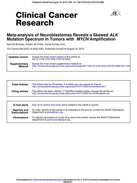 Pdf Meta Analysis Of Neuroblastomas Reveals A Skewed Alk Mutation Spectrum In Tumors With Mycn