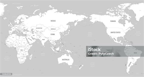 세계지도 아시아 호주 및 태평양 중심 하얀 땅과 회색 물 국가 수도 바다 및 바다 이름 라벨과 세계의 높은 상세한 정치지도 벡터에 대한 스톡 벡터 아트 및 기타 이미지