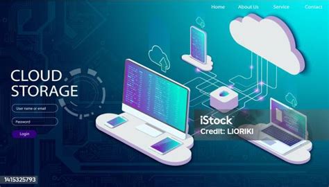 클라우드 스토리지 기술 사용자 네트워크 구성 Pc 모니터 태블릿 전화 노트북 벡터 일러스트레이션이있는 아이소메트릭 광고 포스터 웹 사이트 템플릿 등측투영법에 대한 스톡 벡터