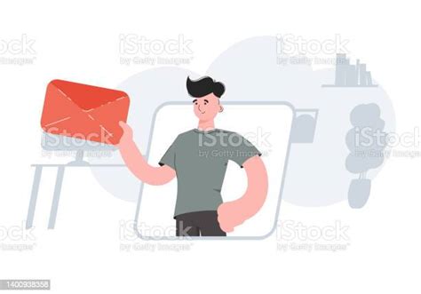 한 남자가 허리 깊숙이 서서 편지가 적힌 봉투를 들고 있었다 통신 프리젠 테이션 사이트를위한 요소 Brand Name Online Messaging Platform에 대한