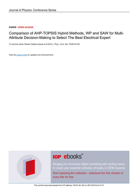 Pdf Comparison Of Ahp Topsis Hybrid Methods Wp And Saw For Multi Attribute Decision Making To
